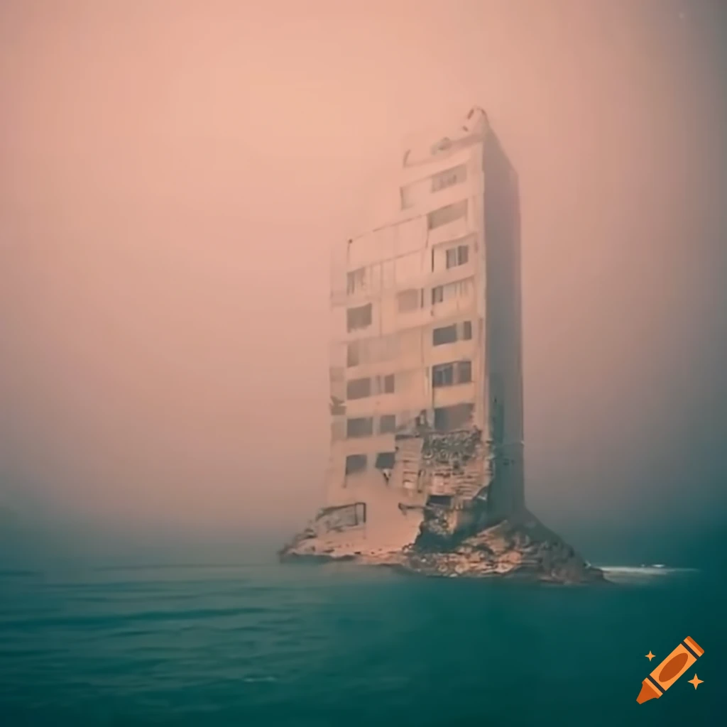 Crumbling abandoned building sinking into ocean in pale orange fog on ...