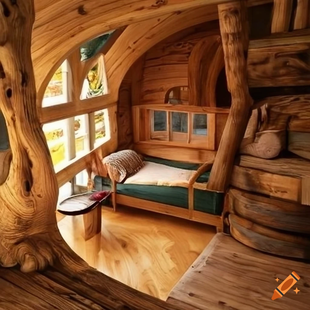 Wooden stump treehouse fantasy bed with round windows and organic decor ...