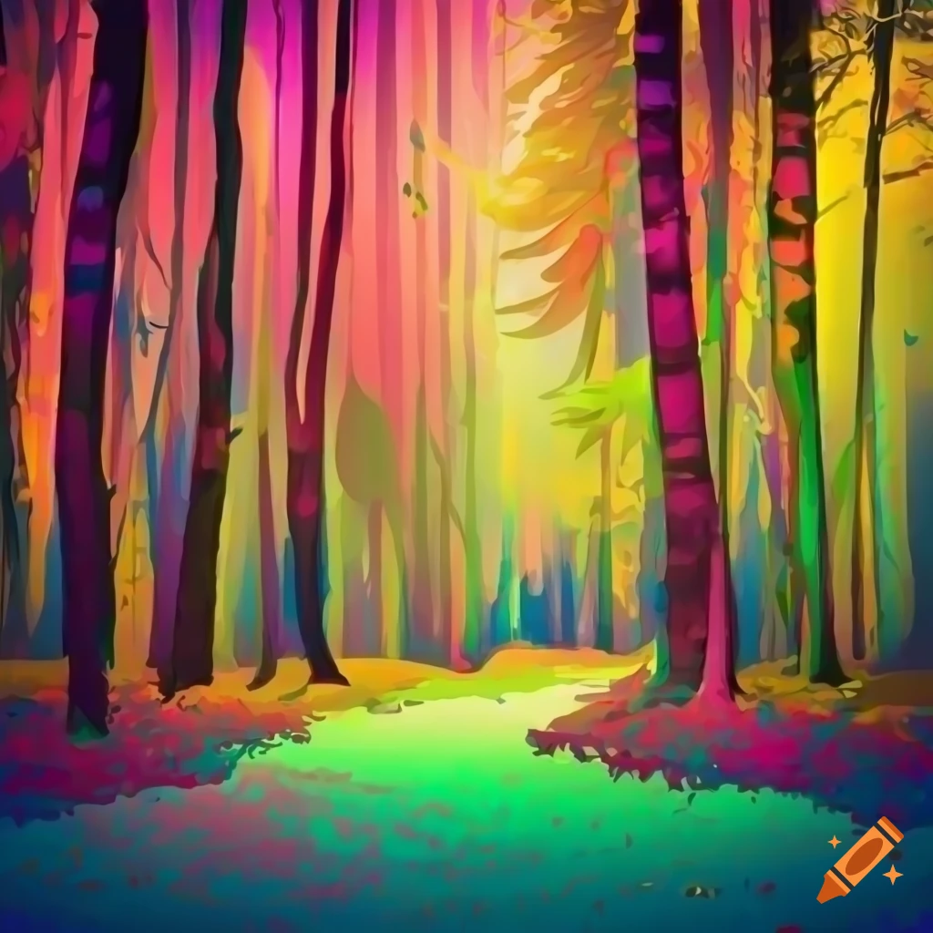 Vibrant colorful forest with lush trees illustration on Craiyon