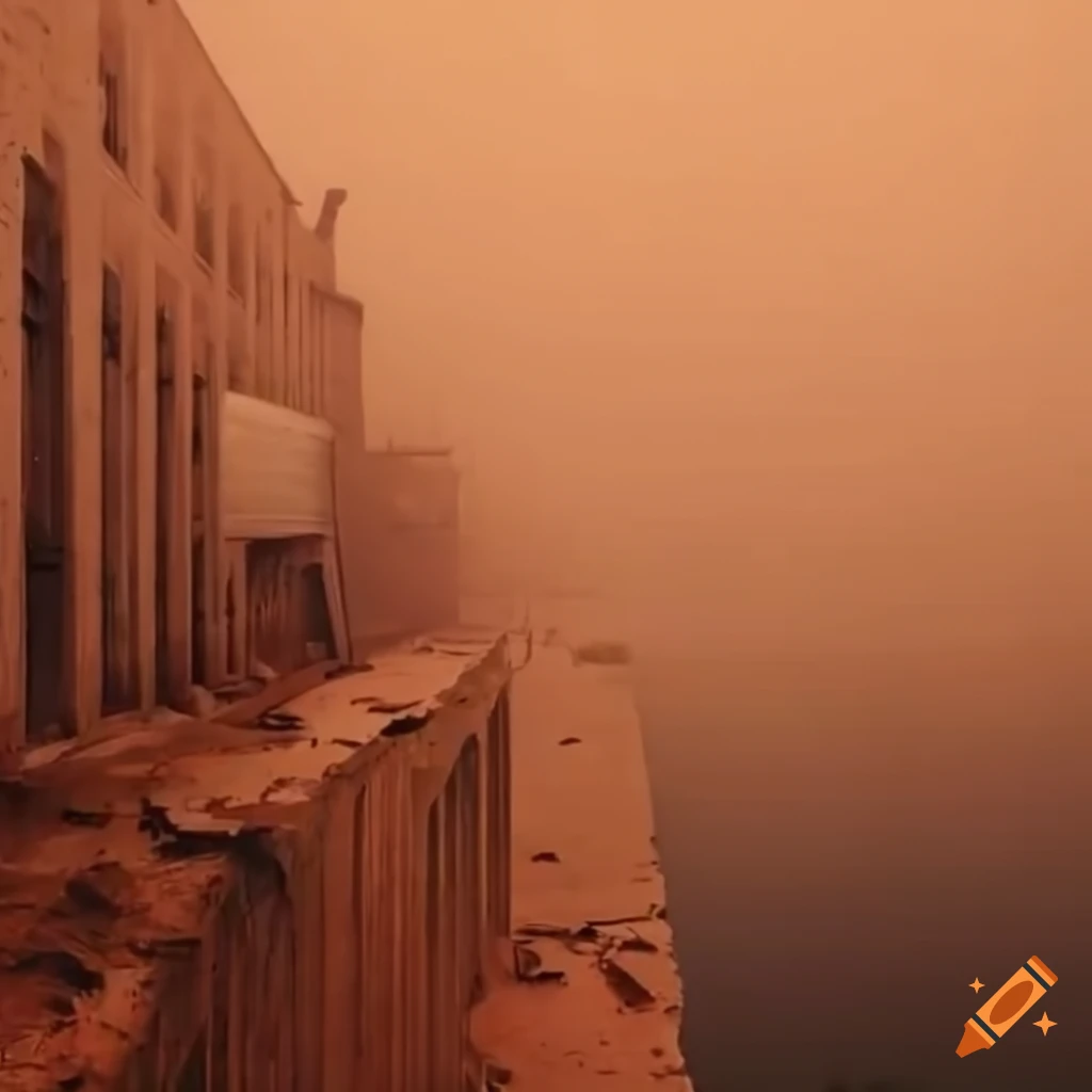 Crumbling abandoned building sinking into ocean in a pale orange fog on ...