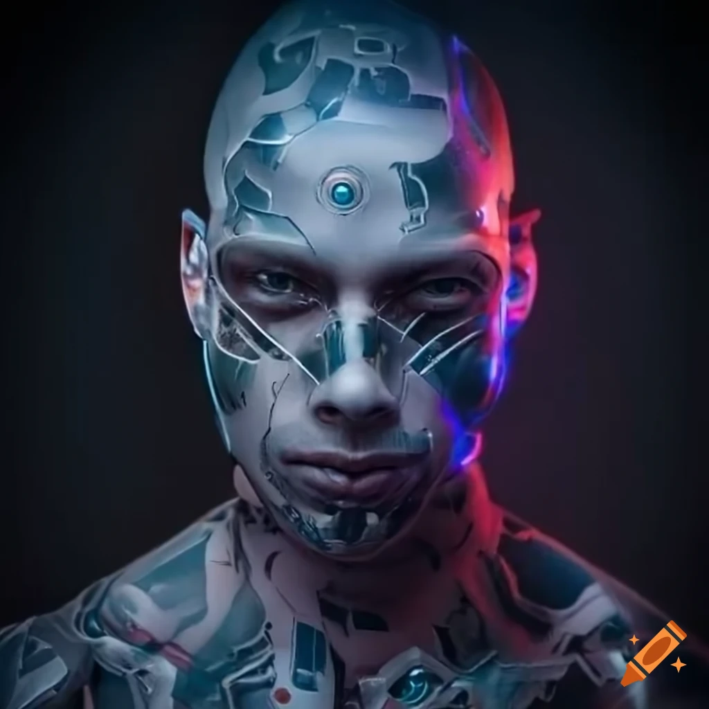 Portrait of a male cyborg with chrome skin and LED light tattoos on Craiyon
