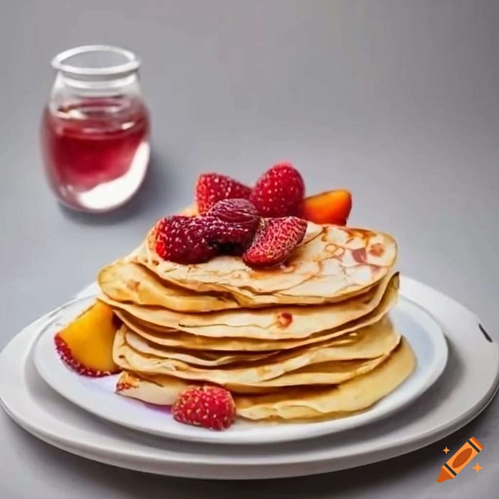 Plate of crepes with peach and wild strawberry jam, decorated with ...