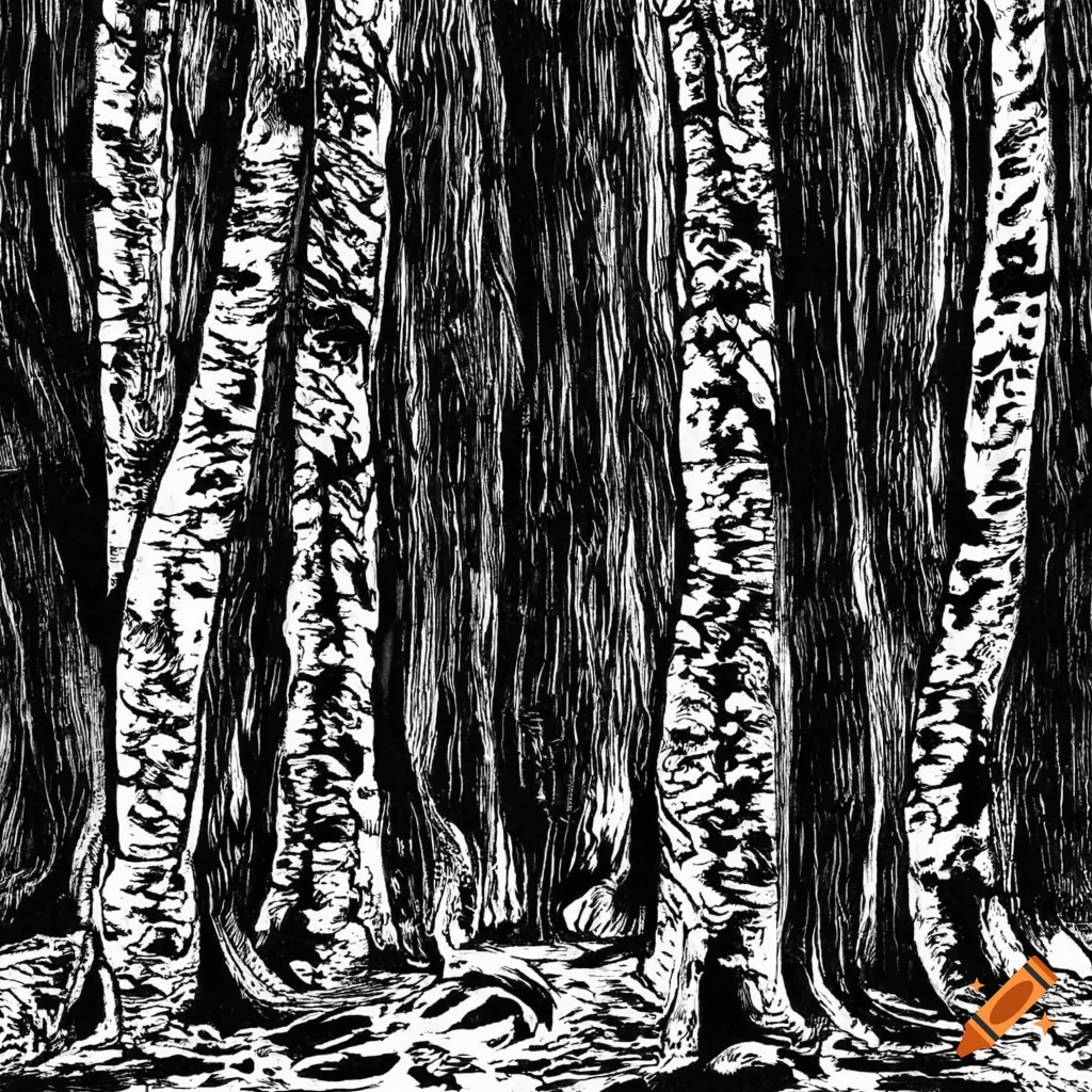 Three elaborate tree trunks in black and white forest on Craiyon