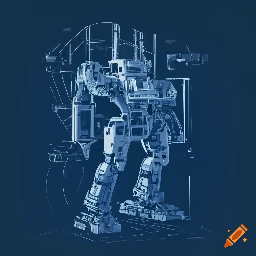 Combat robot concept drawing in retro drafting style on Craiyon