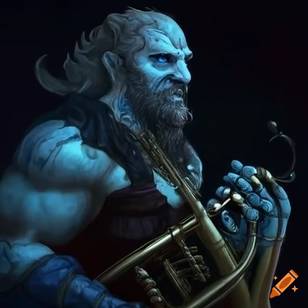 Blue-skinned goliath playing the tuba in norse attire on Craiyon
