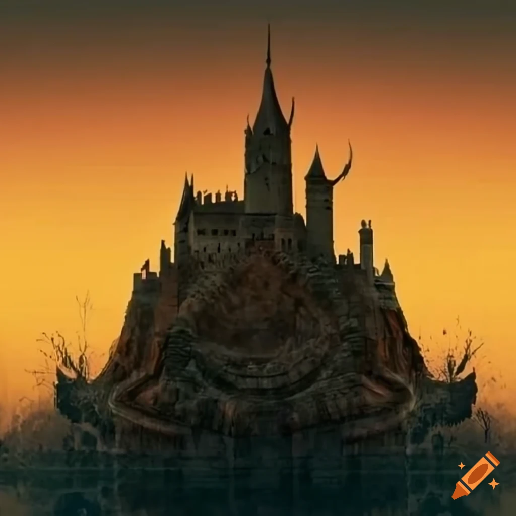 Castle in the distance of a surreal and unsettling landscape on Craiyon