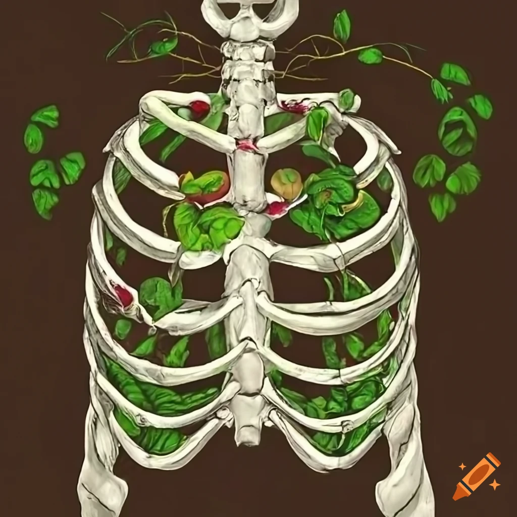 Hyper realistic rib cage with overgrown heart and nature reclaiming on ...