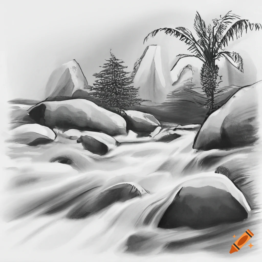 Ink landscape with stream, palm tree, and distant hills on Craiyon