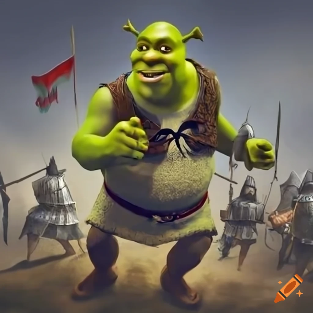 Shrek defending against a medieval siege in digital art on Craiyon