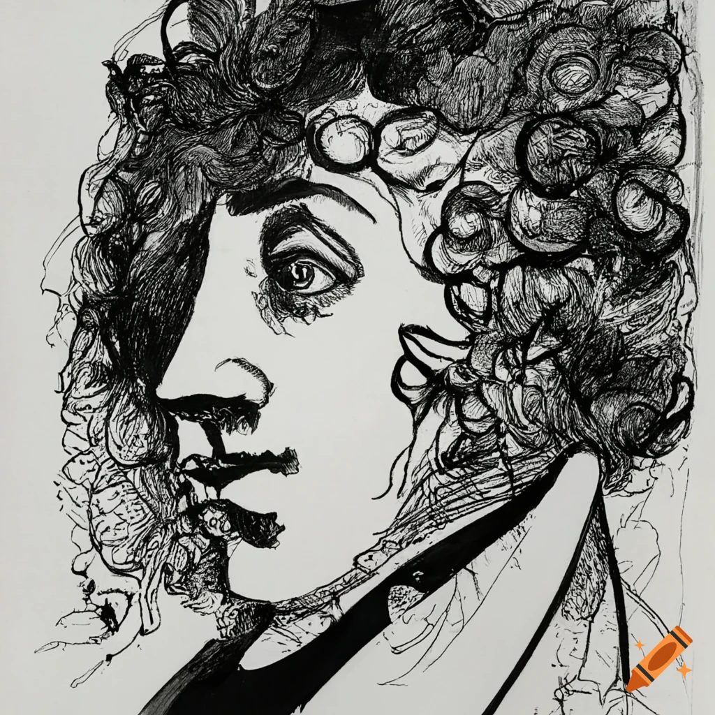 Portrait of Pushkin in black and white ink drawing, Aubrey Beardsley ...