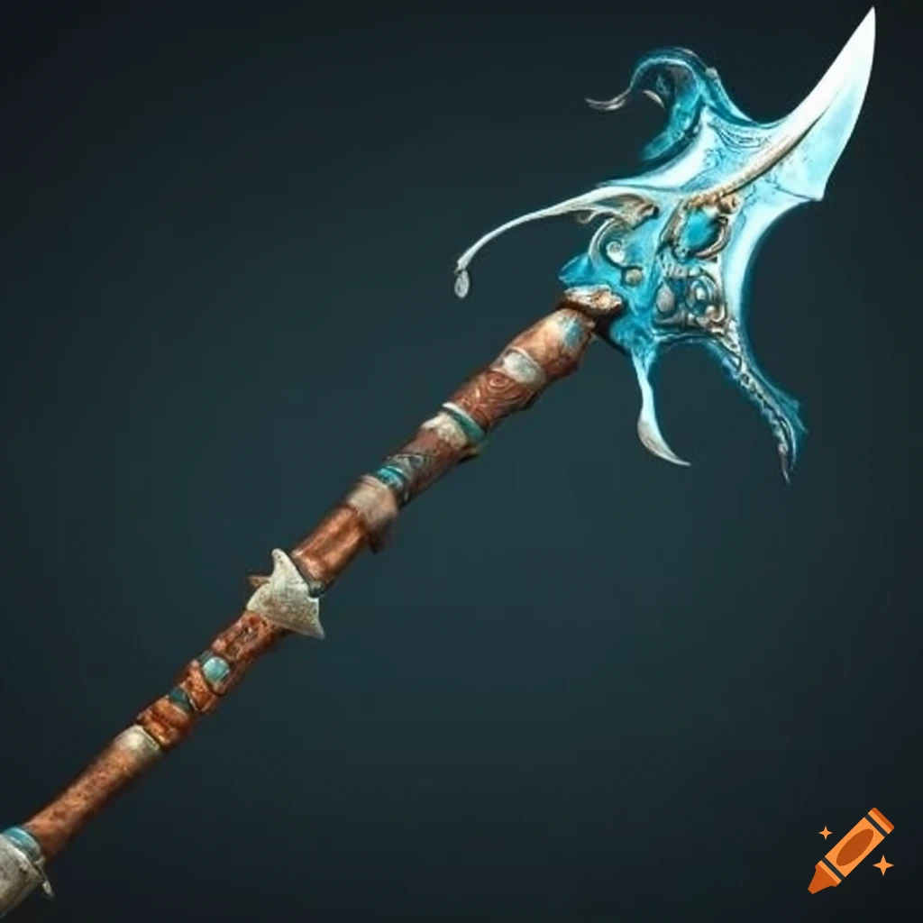 Ornate sea-themed historical polearm weapon with a curved blade on Craiyon