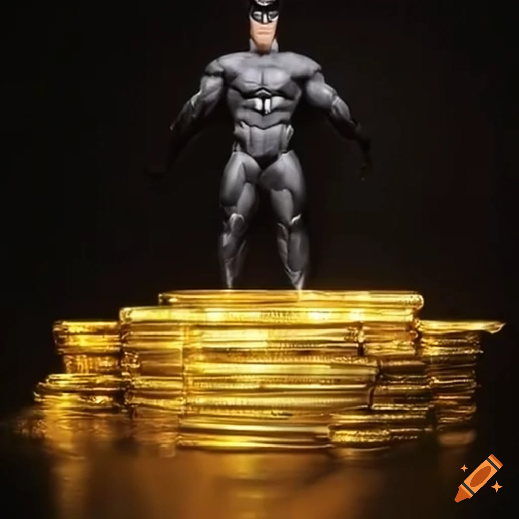 Superhero bodybuilder surrounded by cash and gold on Craiyon