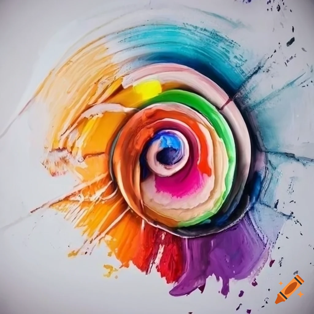 Vibrant artwork with color pencils and paint tubes on a white canvas on ...