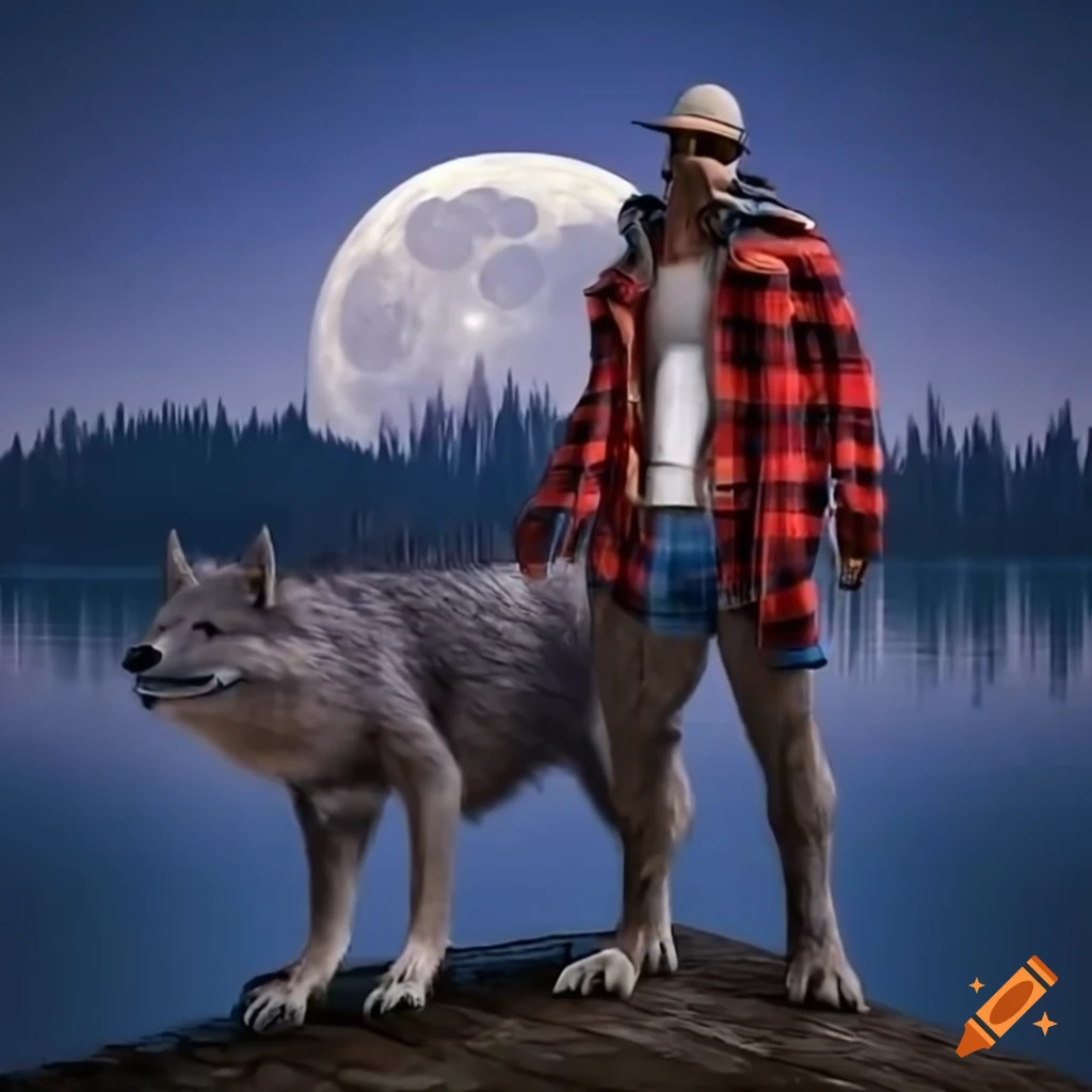 Muscular humanoid wolf in flannel staring at the moon and lake with a ...