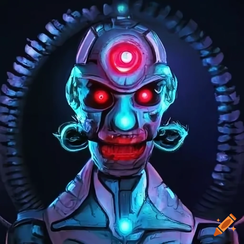 Bot with red eyes showing an evil expression on Craiyon