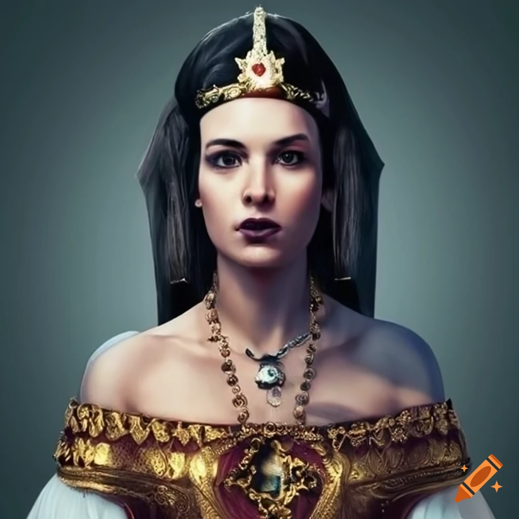 Regal woman with dark hair in ceremonial robes and a pope crown on Craiyon