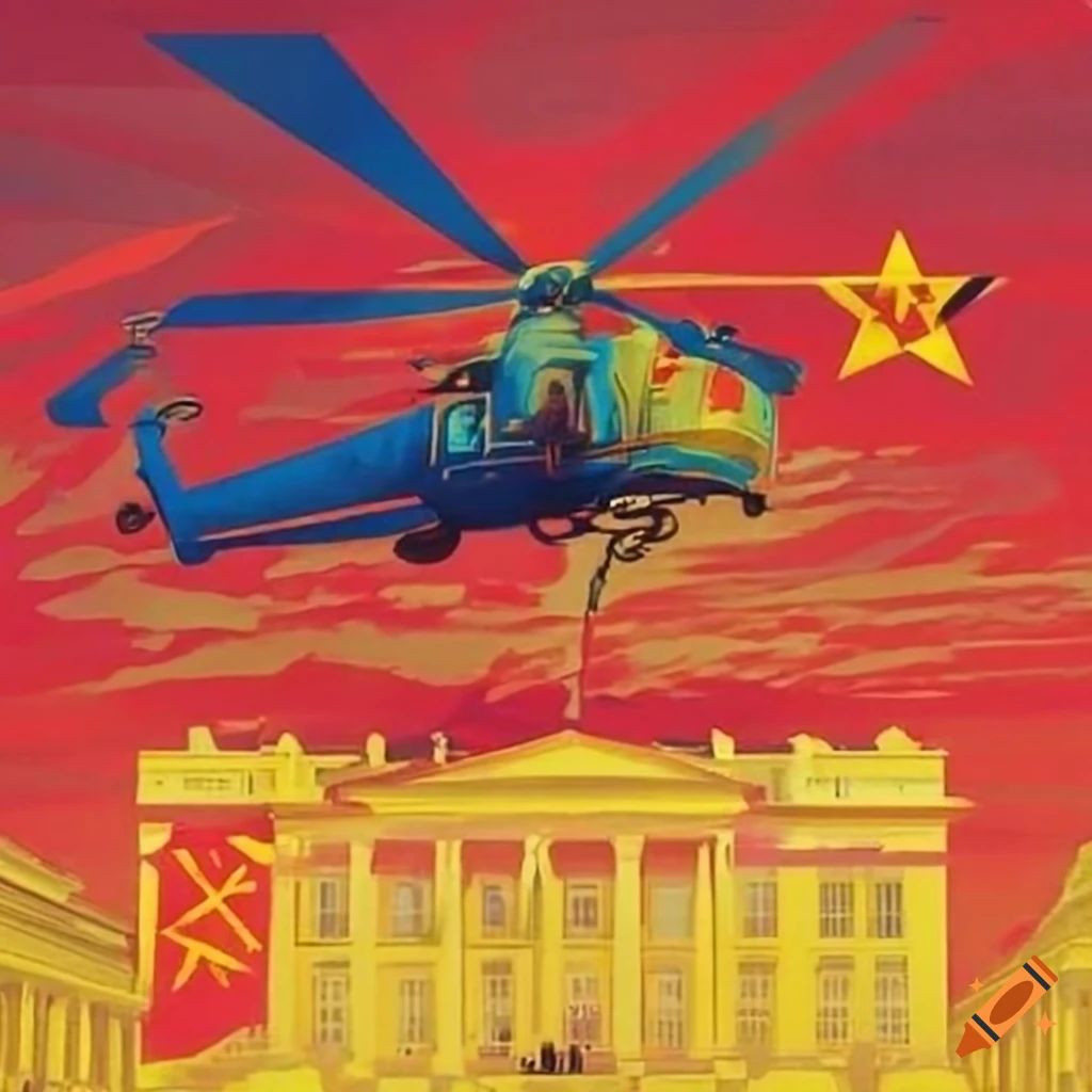 Propaganda poster with soviet union flag flying on a chopper above the ...