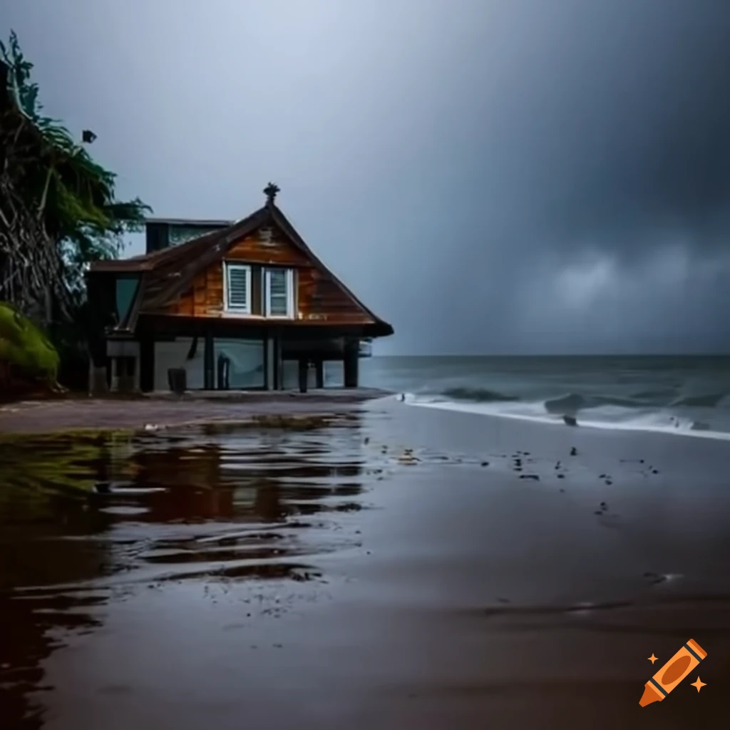 Secluded beach house in a rain storm on Craiyon