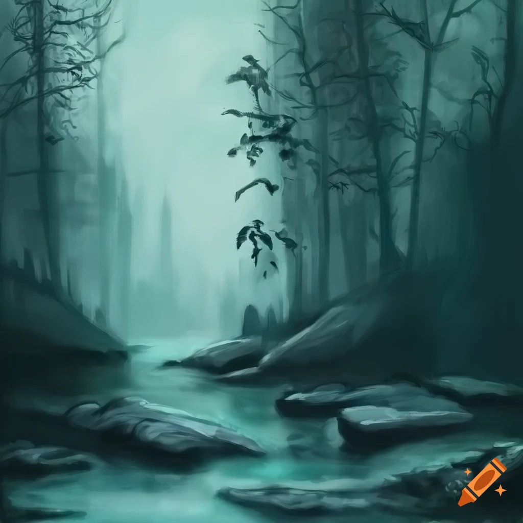 Shadowy forested river landscape in green, blue, and grey fantasy art ...