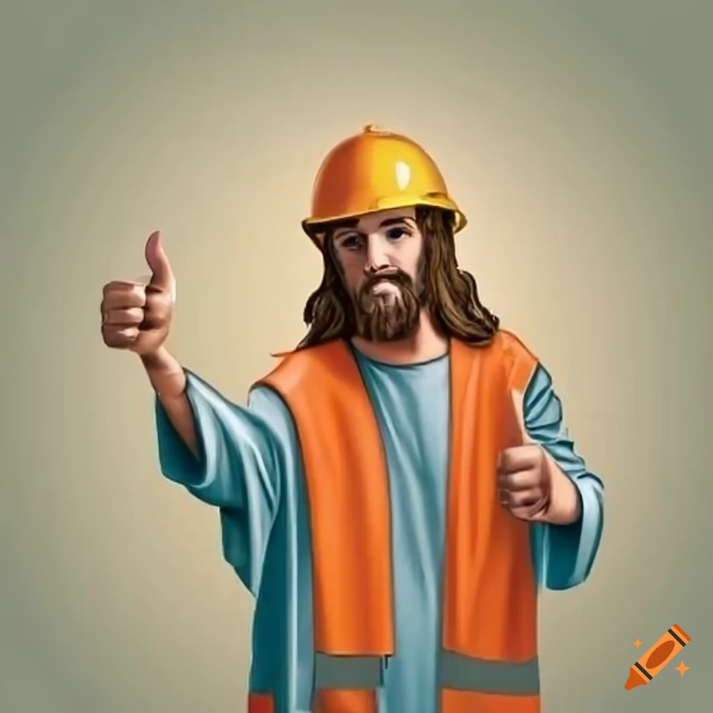 Jesus with construction helmet and reflective vest giving thumbs up to ...