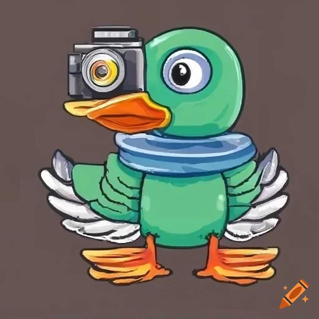 Colorful duck holding a camera with its wings on Craiyon