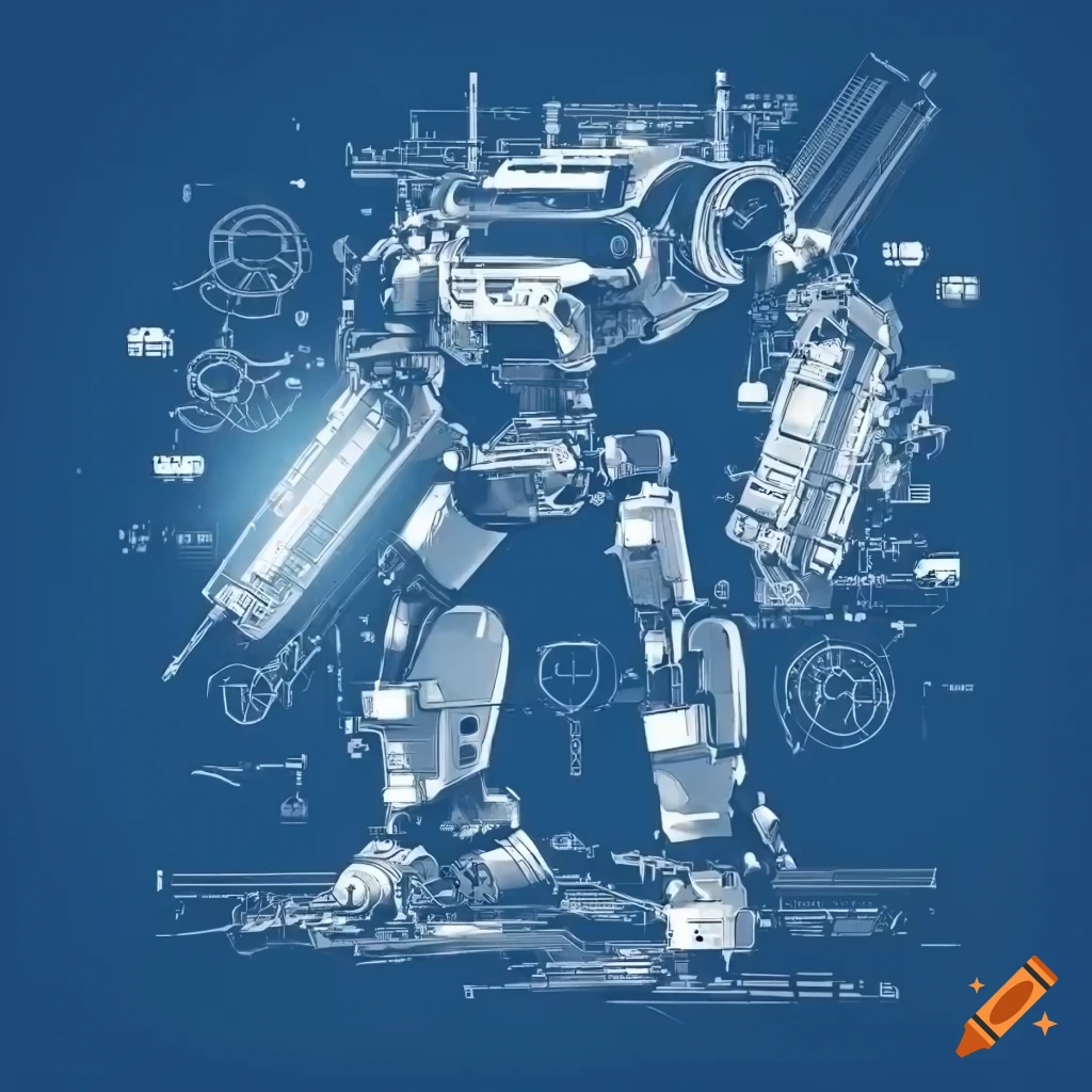 Combat robot concept drawing in retro drafting style on Craiyon