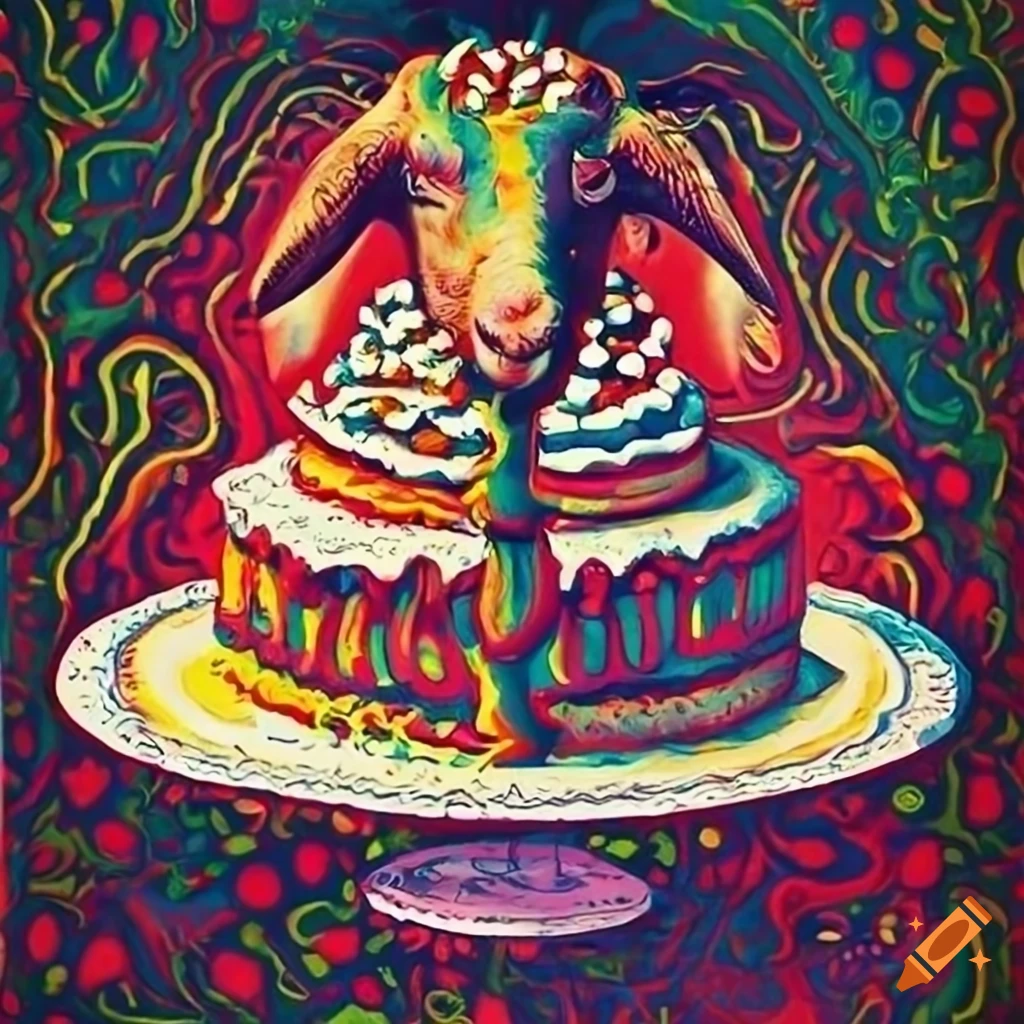 Psychedelic poster art of a goat celebrating a birthday with a cake and ...