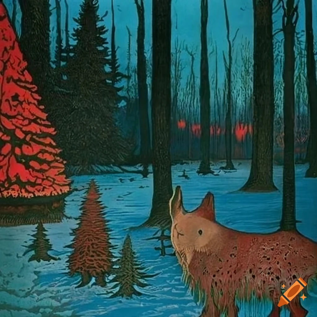 Christmas scene with forest animals and christmas trees in the style of ...