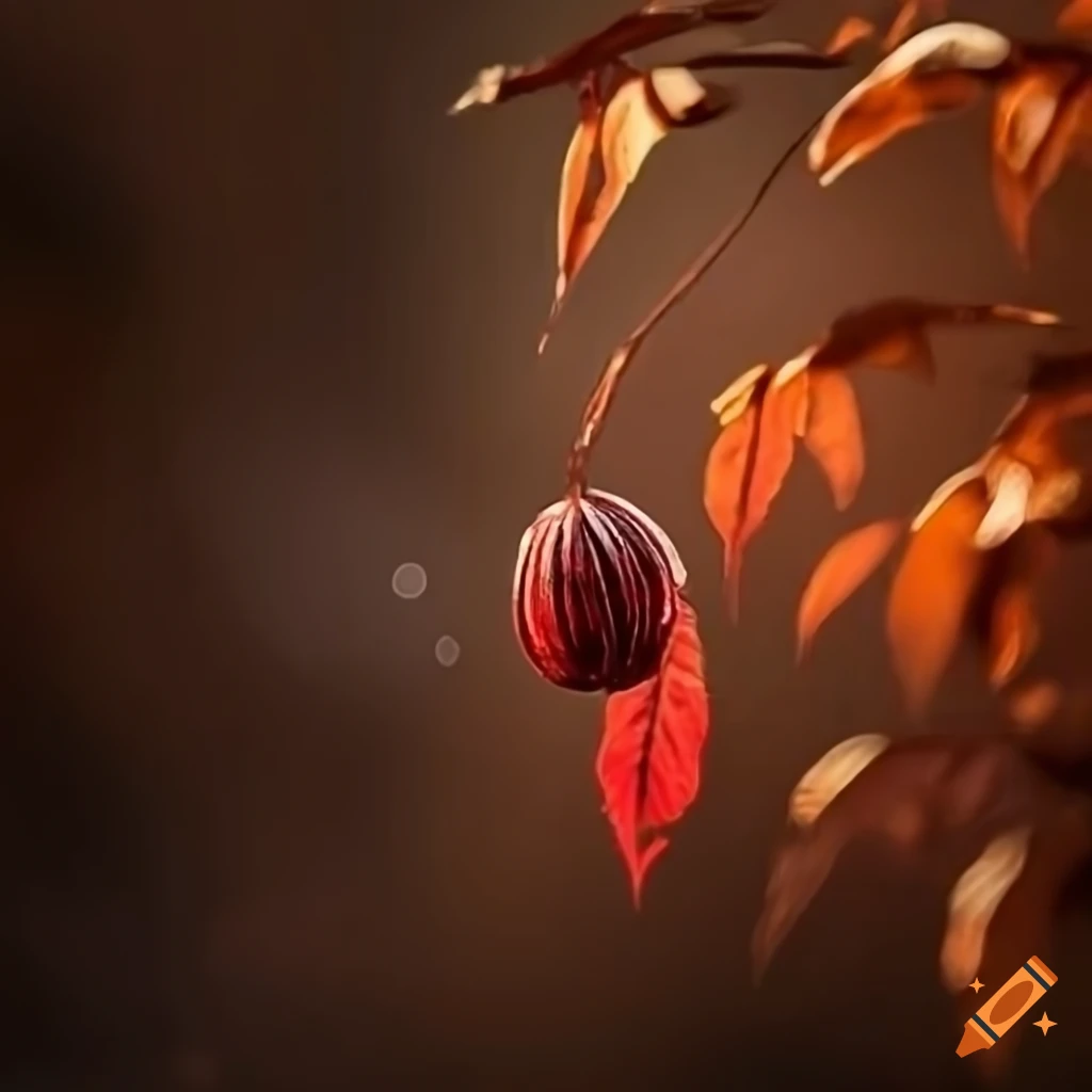 Rococo style painting of red pods and brown leaves rising from foggy ...