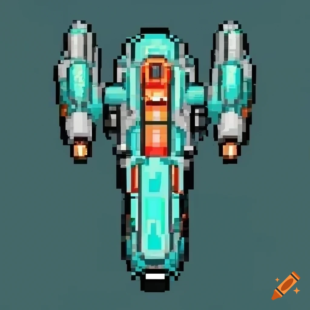 Detailed hi-tech spaceship pixel art in front view on Craiyon