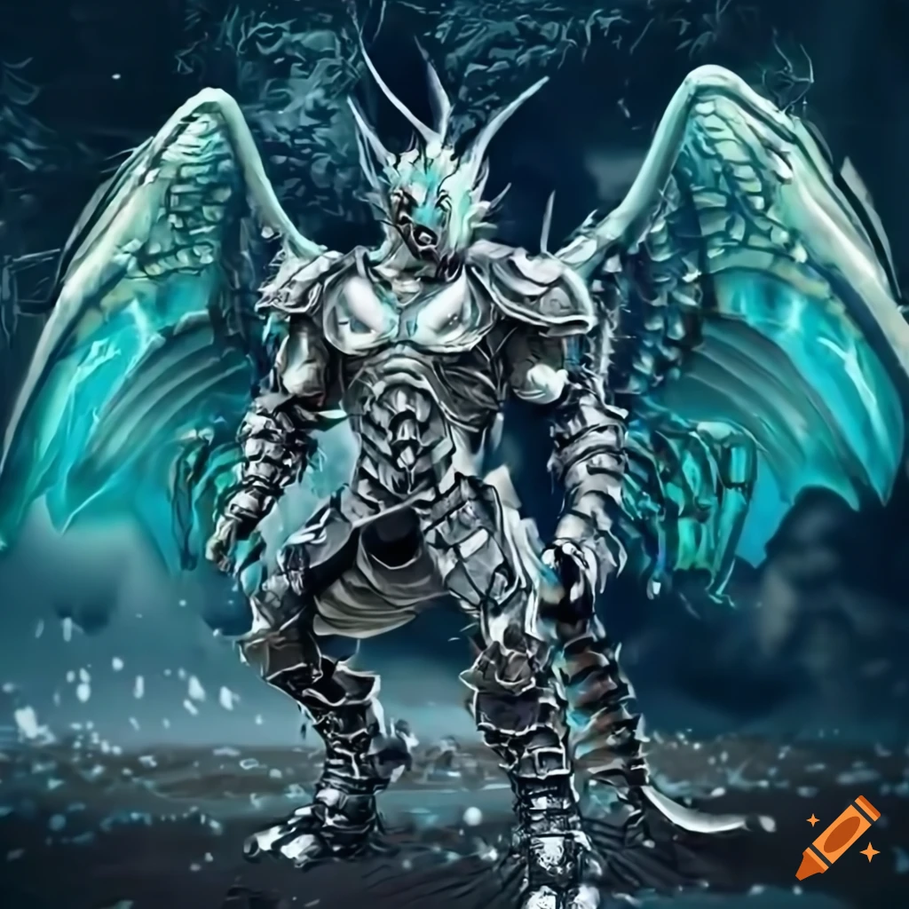 Muscular mechanical dragon warrior with cybernetic dragon armor in a winter background on Craiyon