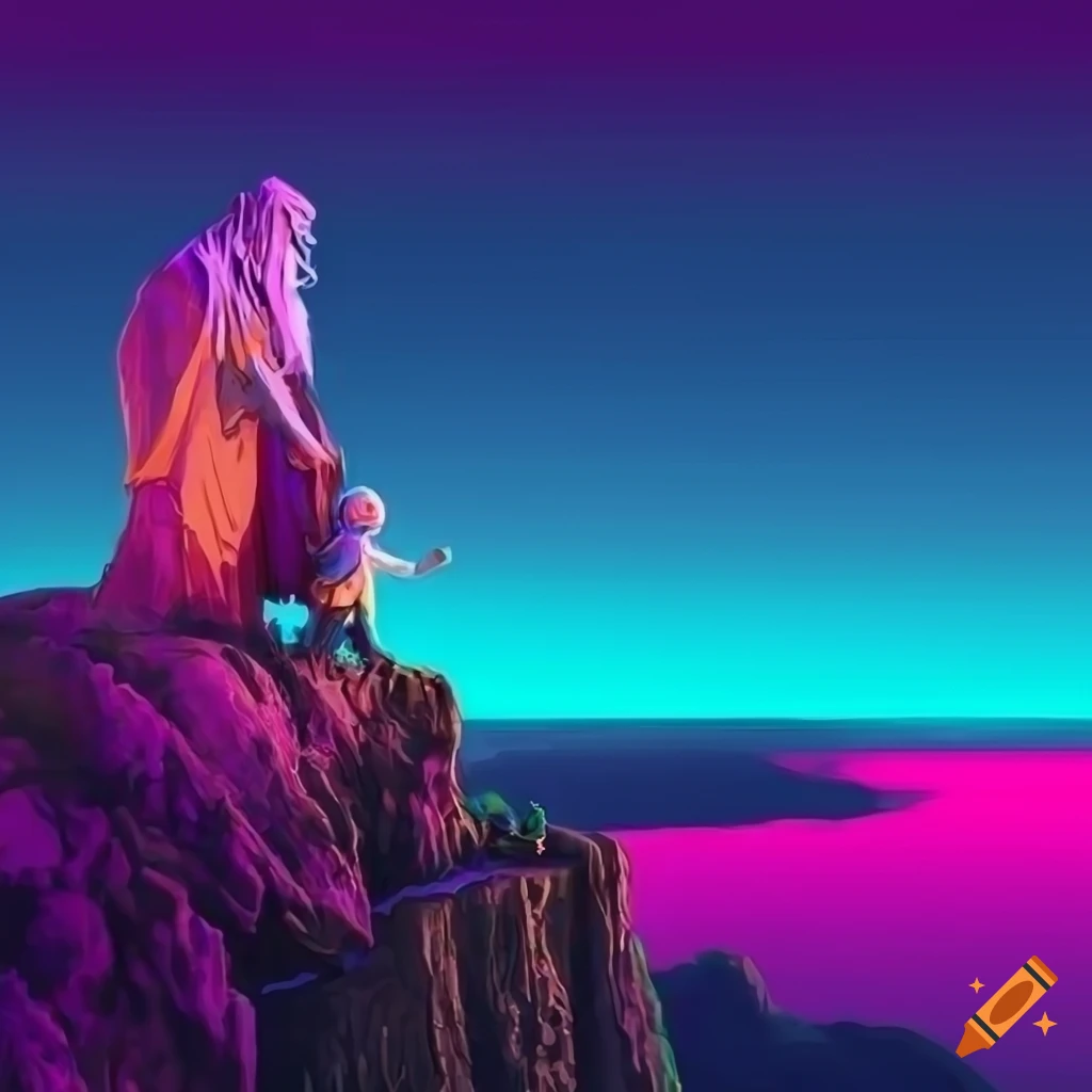 Odin, son, and grandson standing on cliff overlooking neon forest in ...