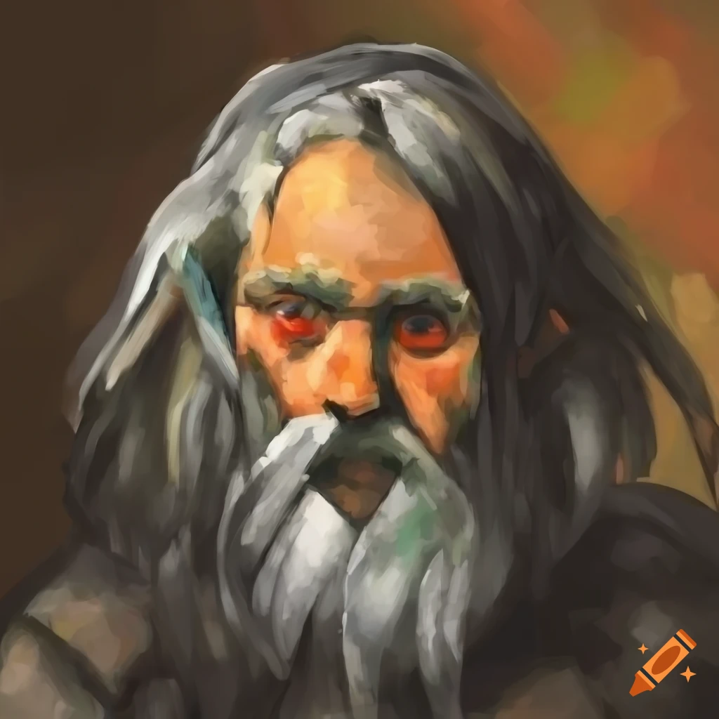 Portrait of a gray-skinned man with long gray hair, elf ears, and ...