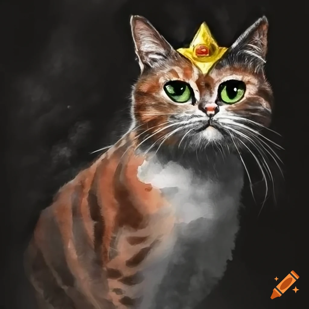 Brown and black cat wearing a golden crown on Craiyon