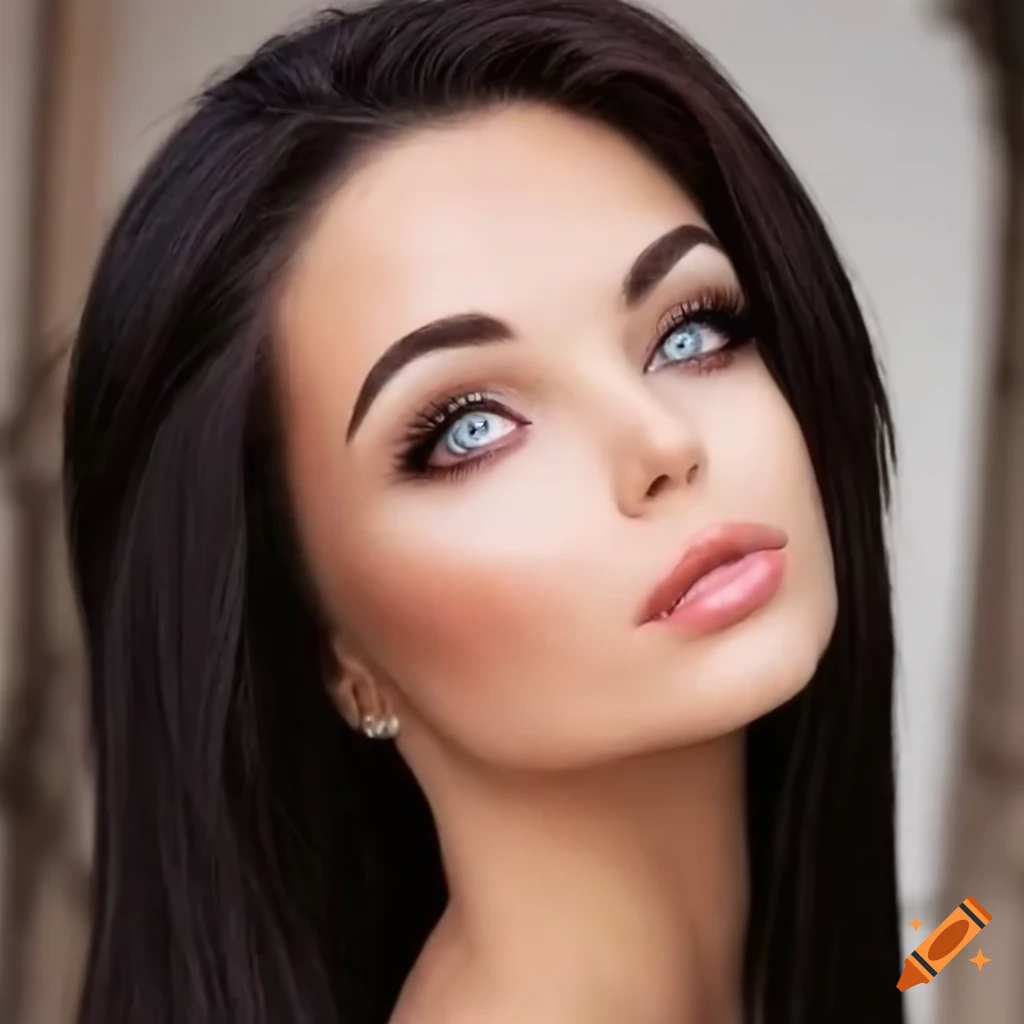 Beautiful caucasian woman with wild-eyed look, nice eyes, cheek dimples, dark hair, and slight ...