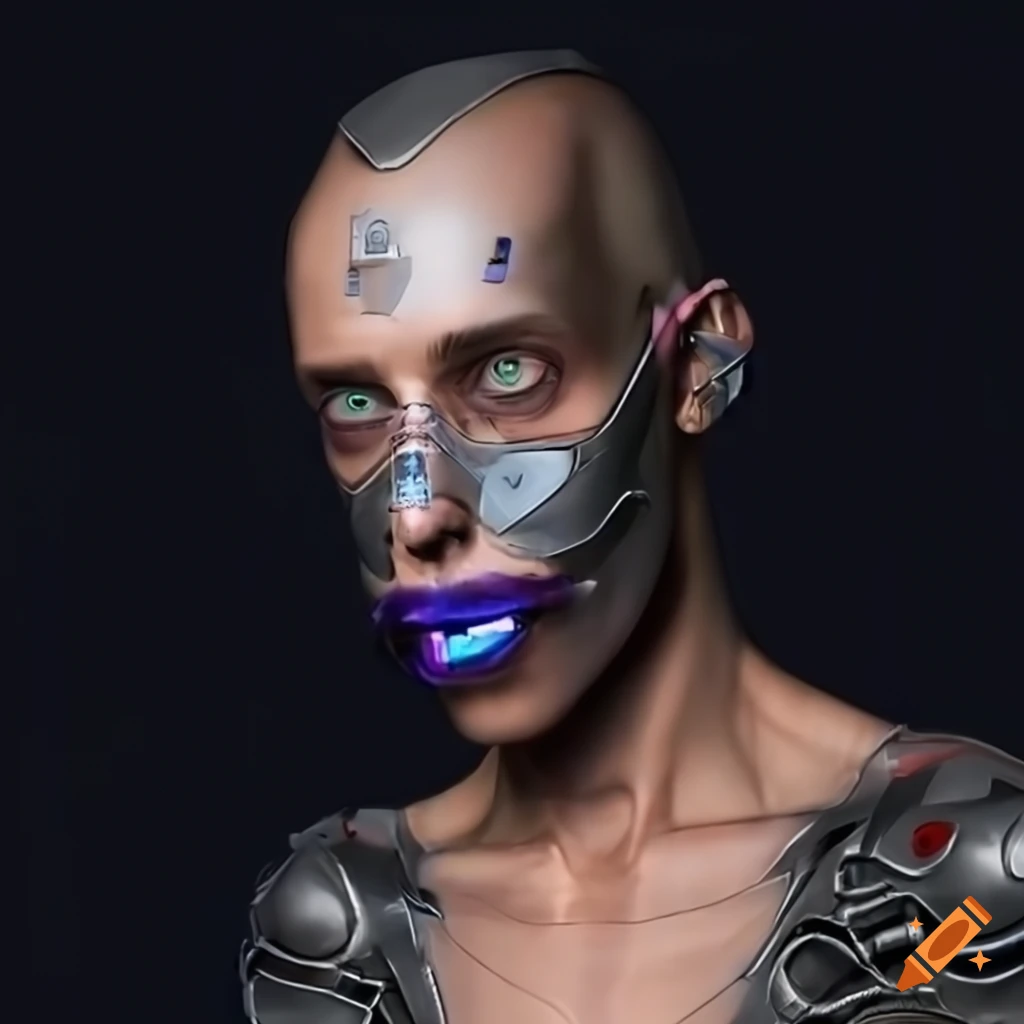 PhotoRealistic skinny male cyborg dispensing stew with its mouth on Craiyon