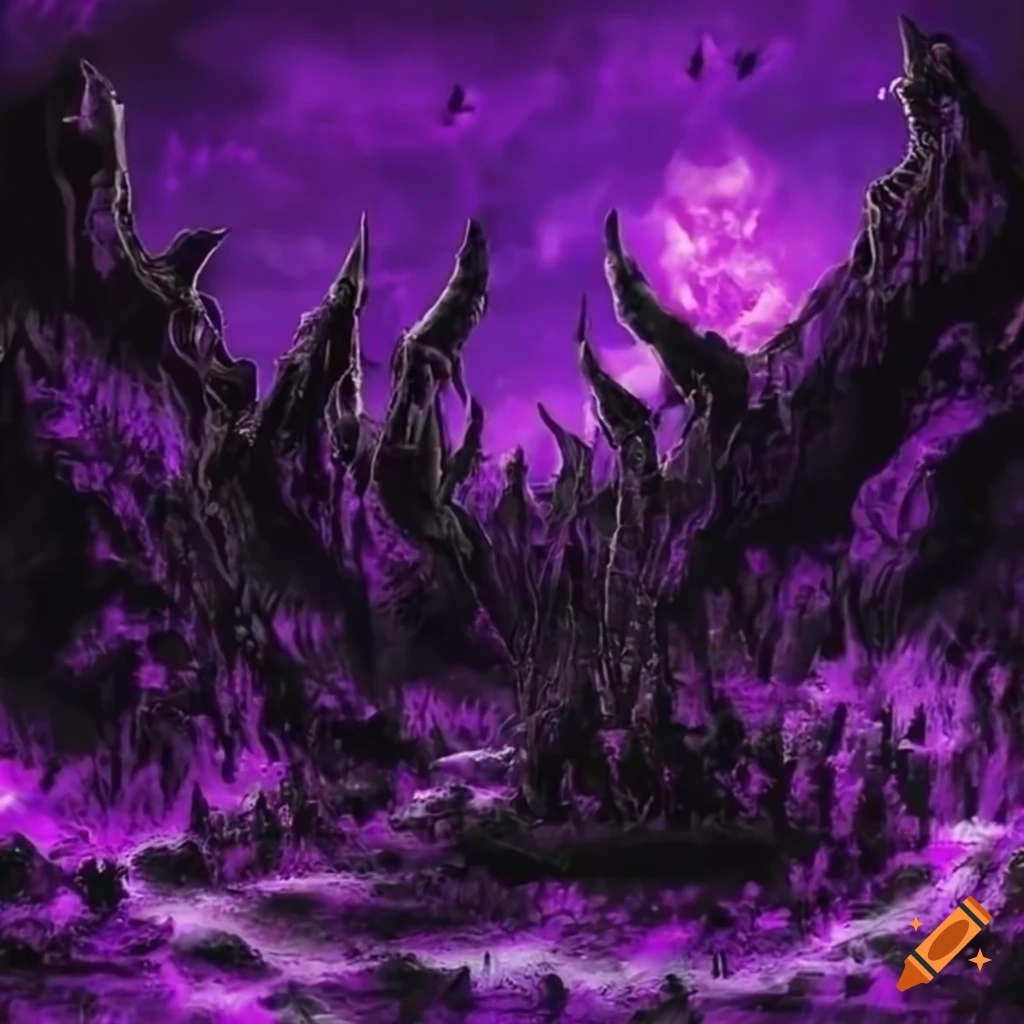 Glittery hell landscape with purple flames and skeleton army on Craiyon