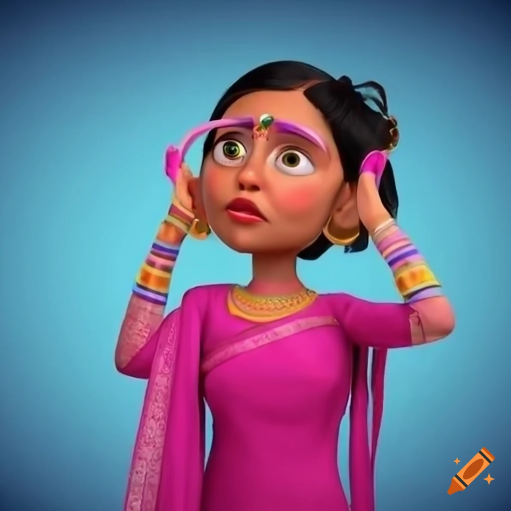 Mid-age Indian woman in cute 3D Disney Pixar style with a confused ...