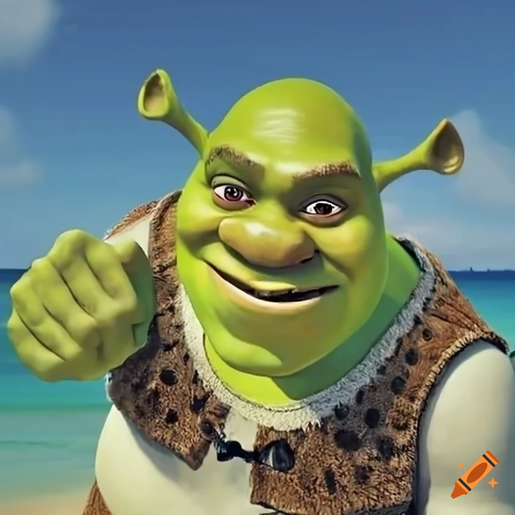 Shrek smiling at the beach on Craiyon