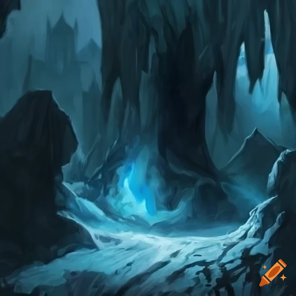 Shadowy cave in black and blue tones in a fantasy setting on Craiyon