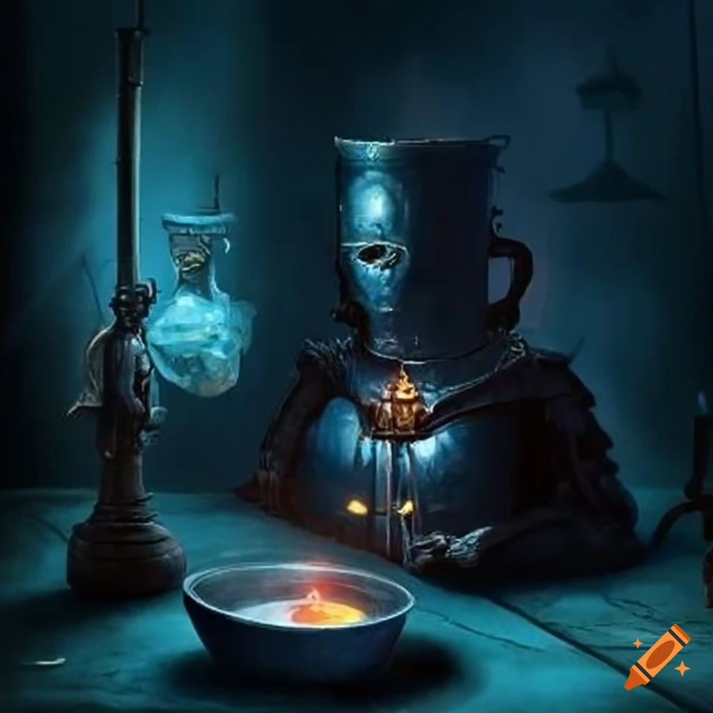 Robotic alchemist stirring mysterious potions in a dimly lit lab on Craiyon