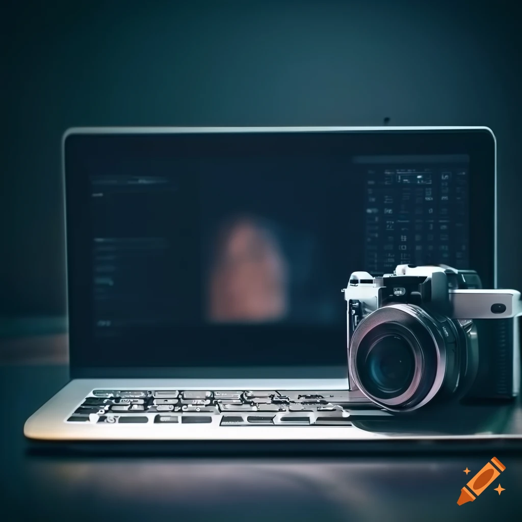 Creative workspace with camera, laptop, and photography plans in a ...