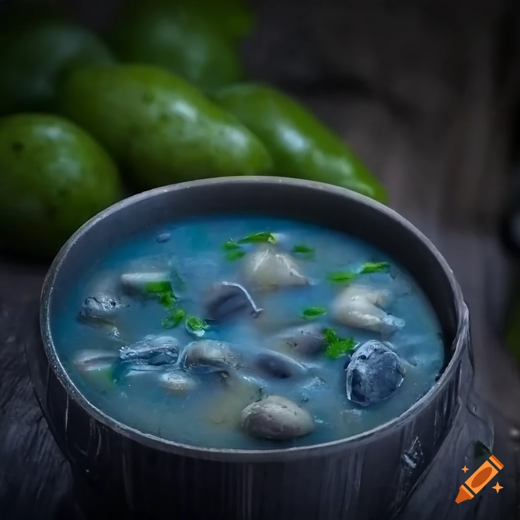 Blue soup and grey potatoes in stew on Craiyon
