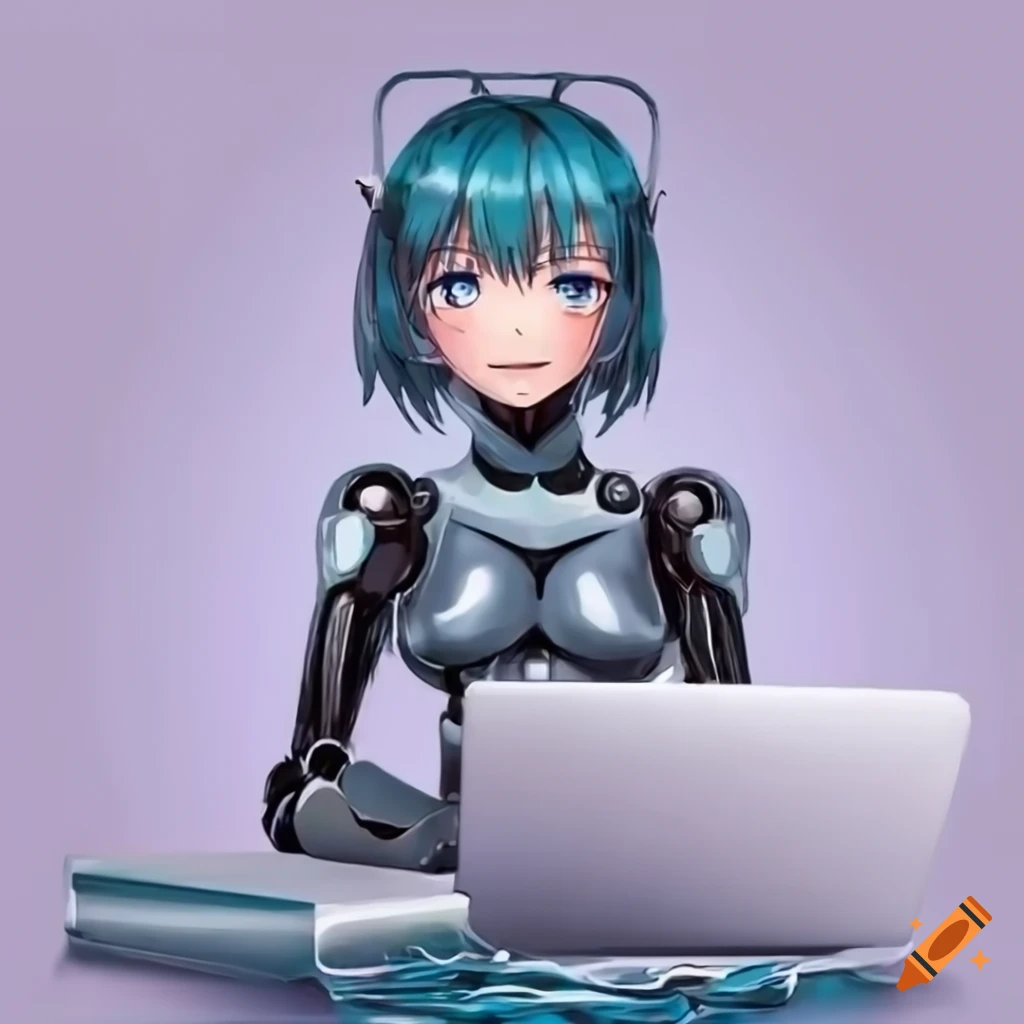 Anime robot girl sitting behind laptop and smiling while working on Craiyon