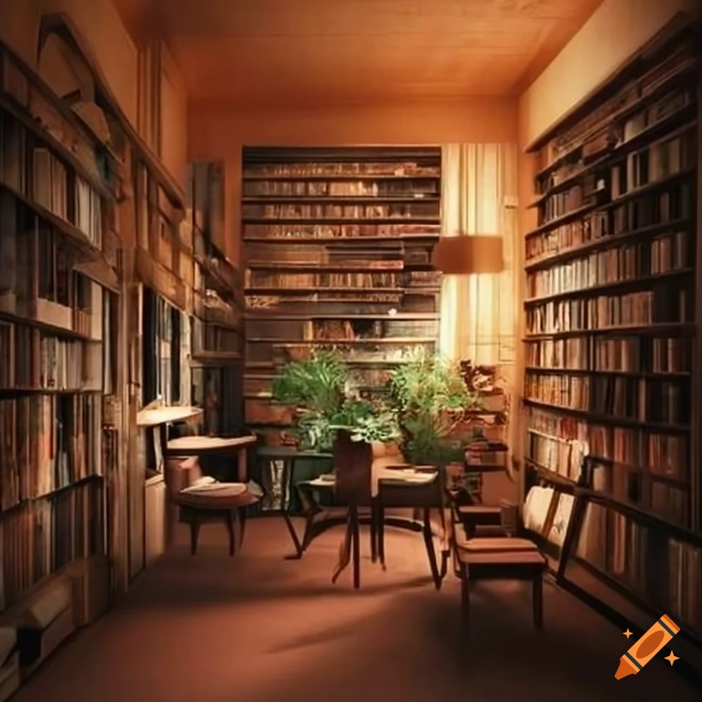 Cozy library with warm tones, plants, and books on Craiyon