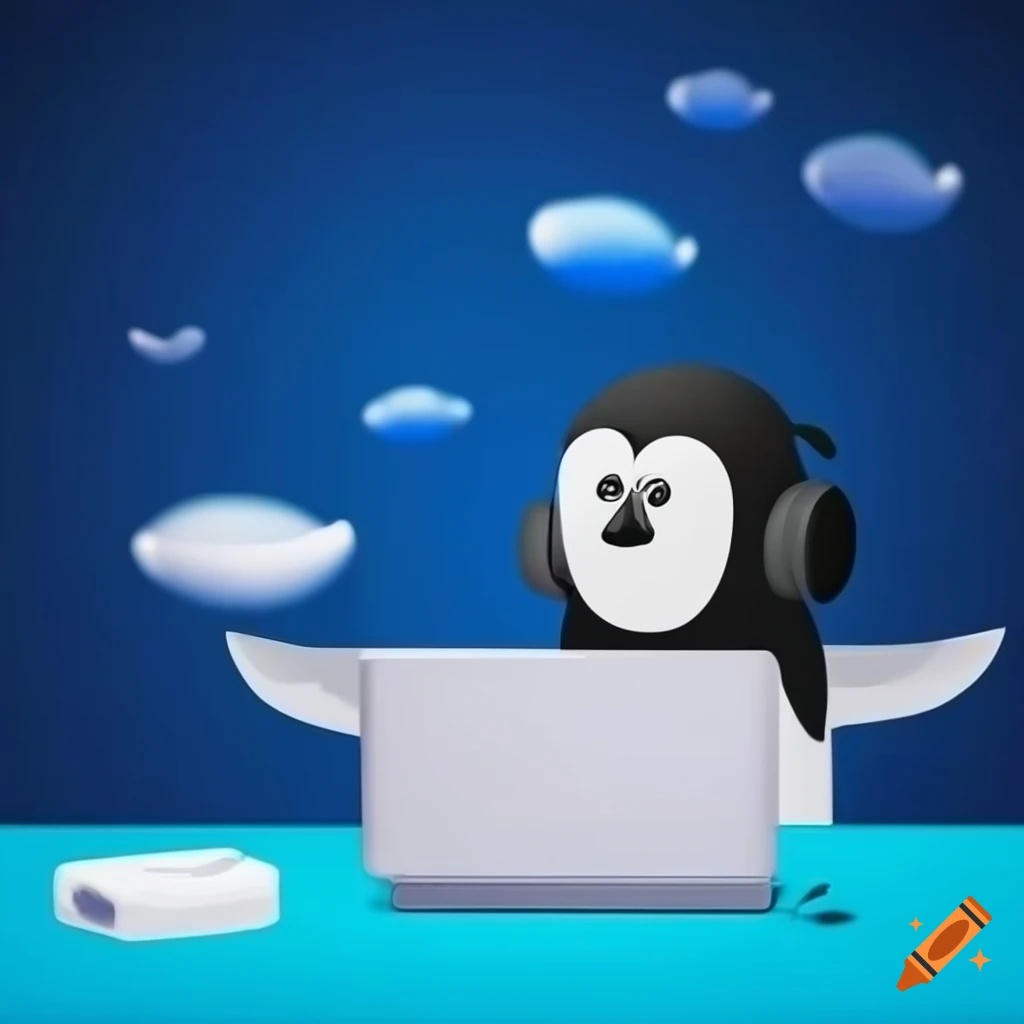 Friendly penguin with headphones typing on a computer on Craiyon