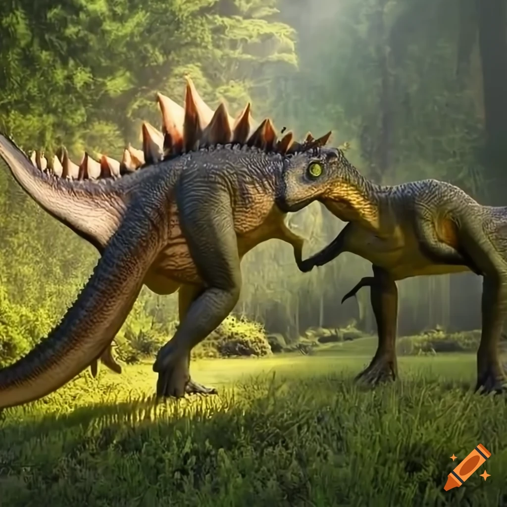 Allosaurus fighting a stegosaurus in natural warm morning light on Craiyon