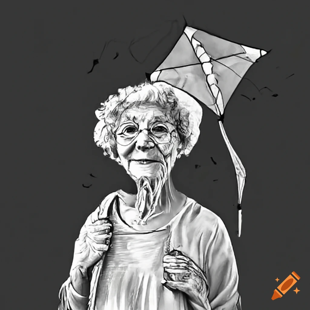 Elderly woman flying a kite with joy on Craiyon