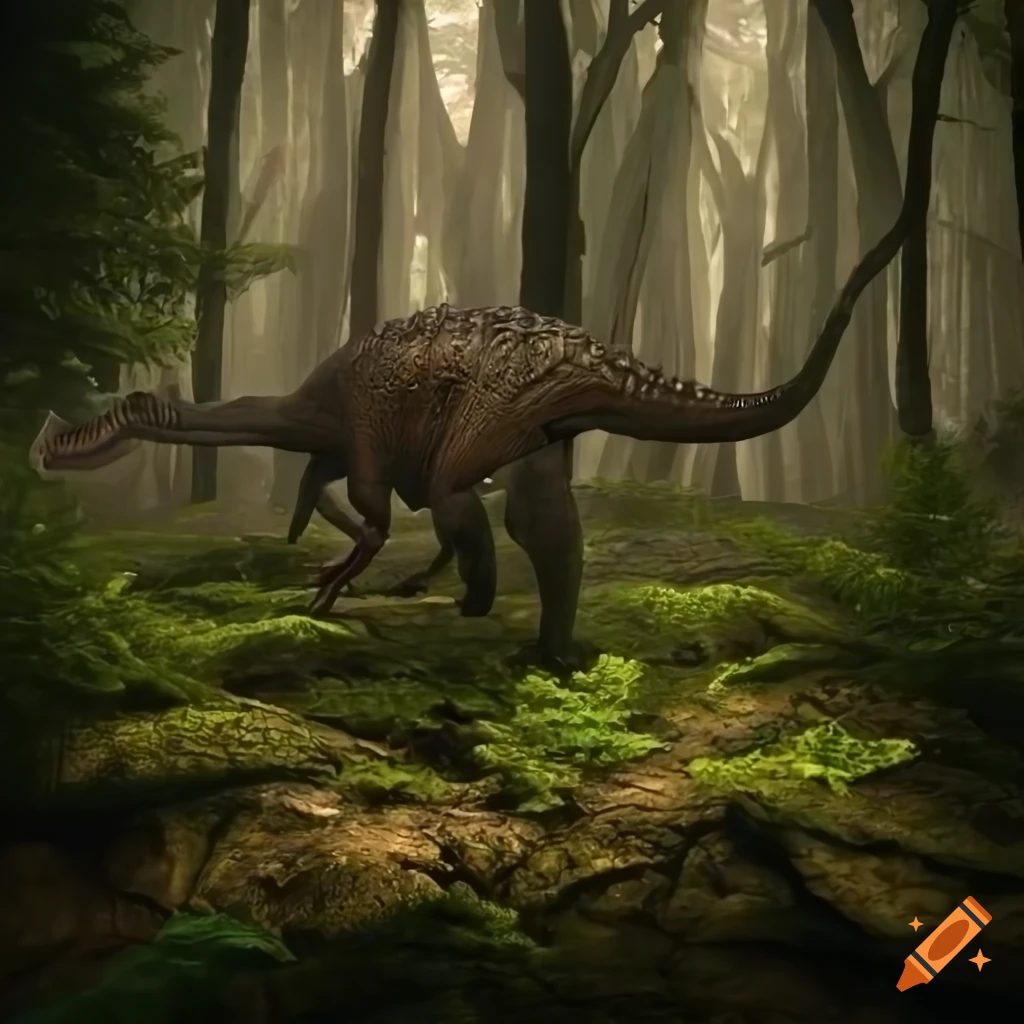 Detailed hadrosaurus dinosaurs in a cedar forest clearing lit by intense noon light on Craiyon