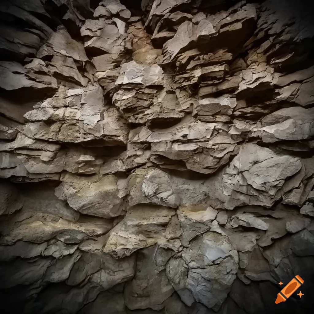 Wide angle view of rough rock walls in an underground mine on Craiyon